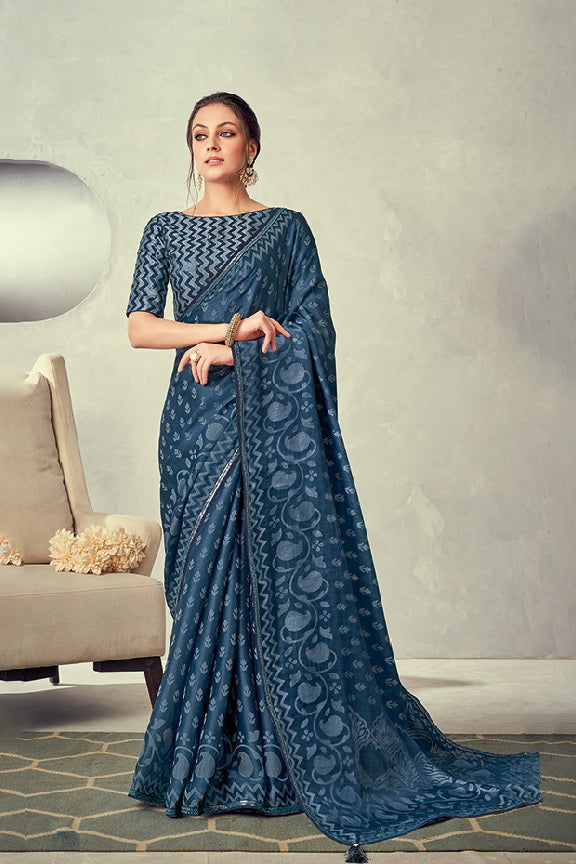 Blue Brasso Silk Sequence Embroidered Saree